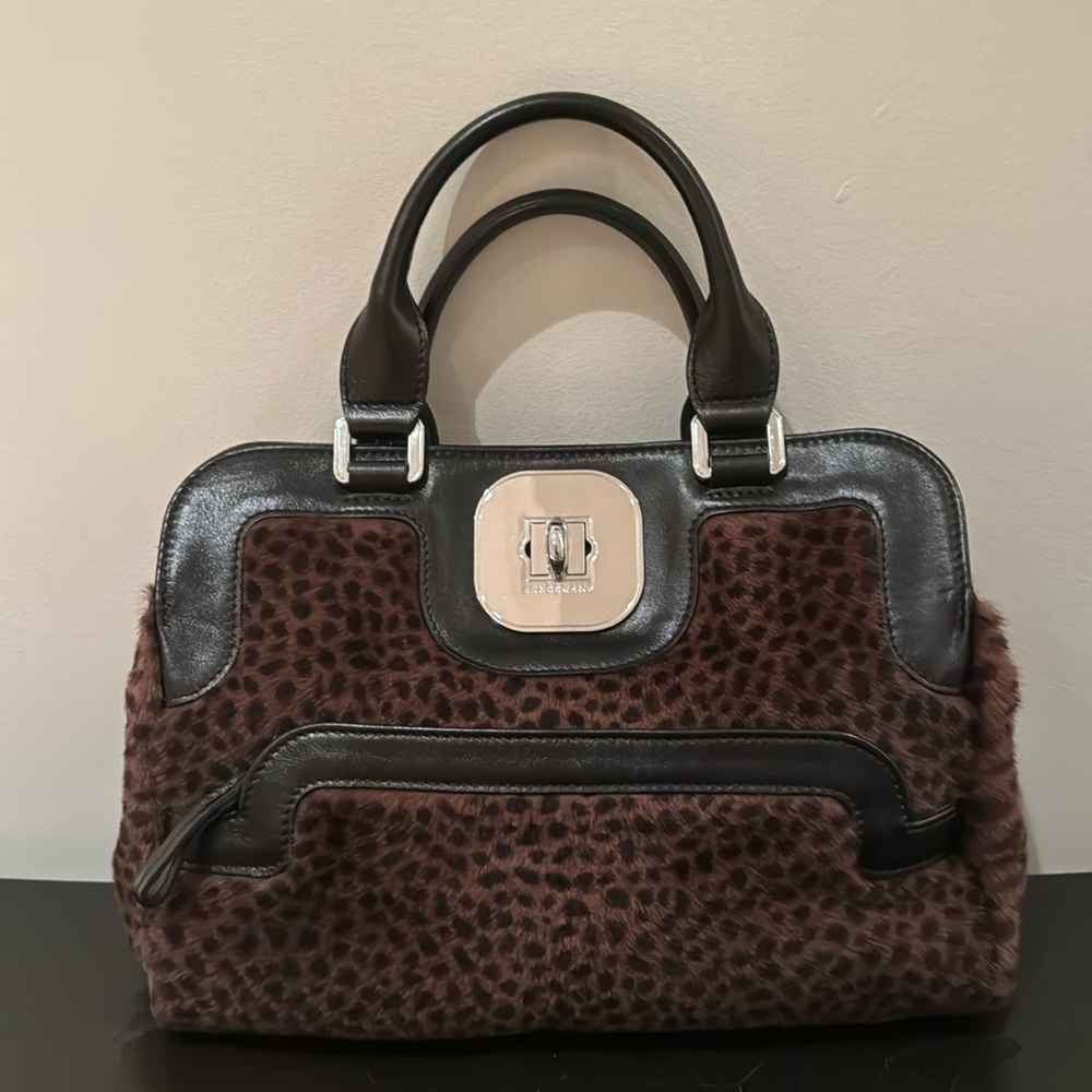 Rare Longchamp Black Leather Luxe Animal Print Fur Sa… - Gem